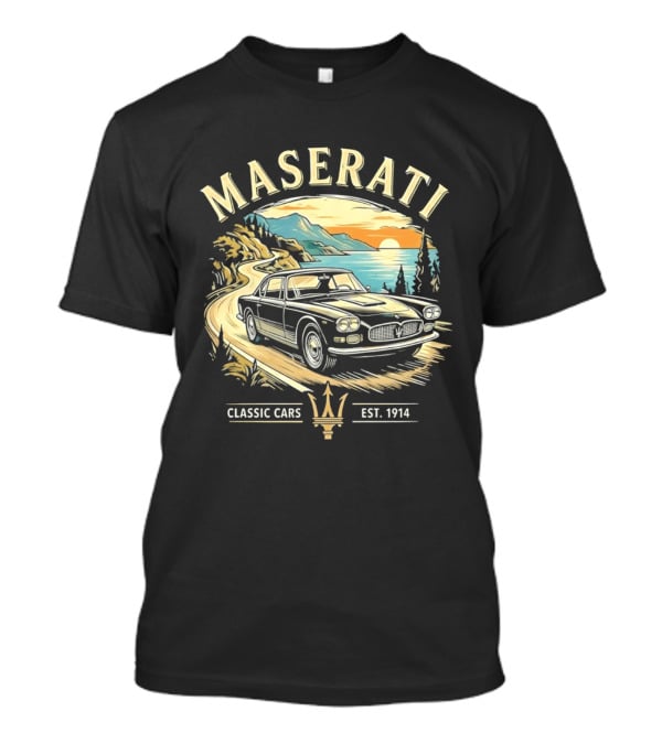 Maserati Classic Cars Est 1914 Vintage Sunset Road Scene T-Shirt