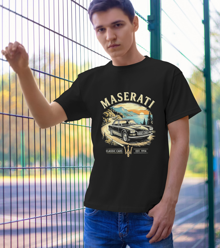 Maserati Classic Cars Est 1914 Vintage Sunset Road Scene T-Shirt