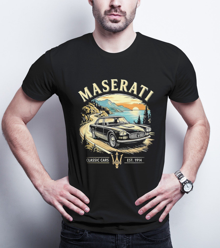 Maserati Classic Cars Est 1914 Vintage Sunset Road Scene T-Shirt