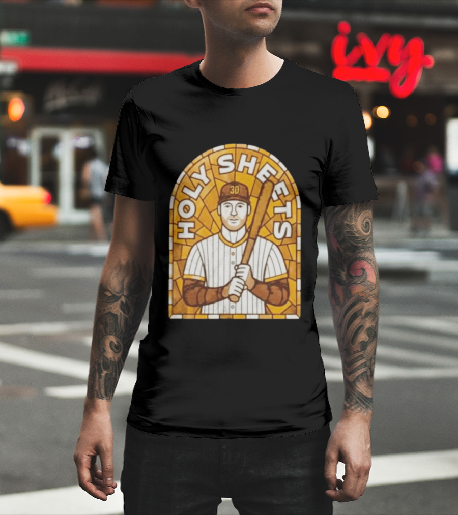 Holy Sheets Baseball Player Holding Bat 30 Stained Glass T-Shirt