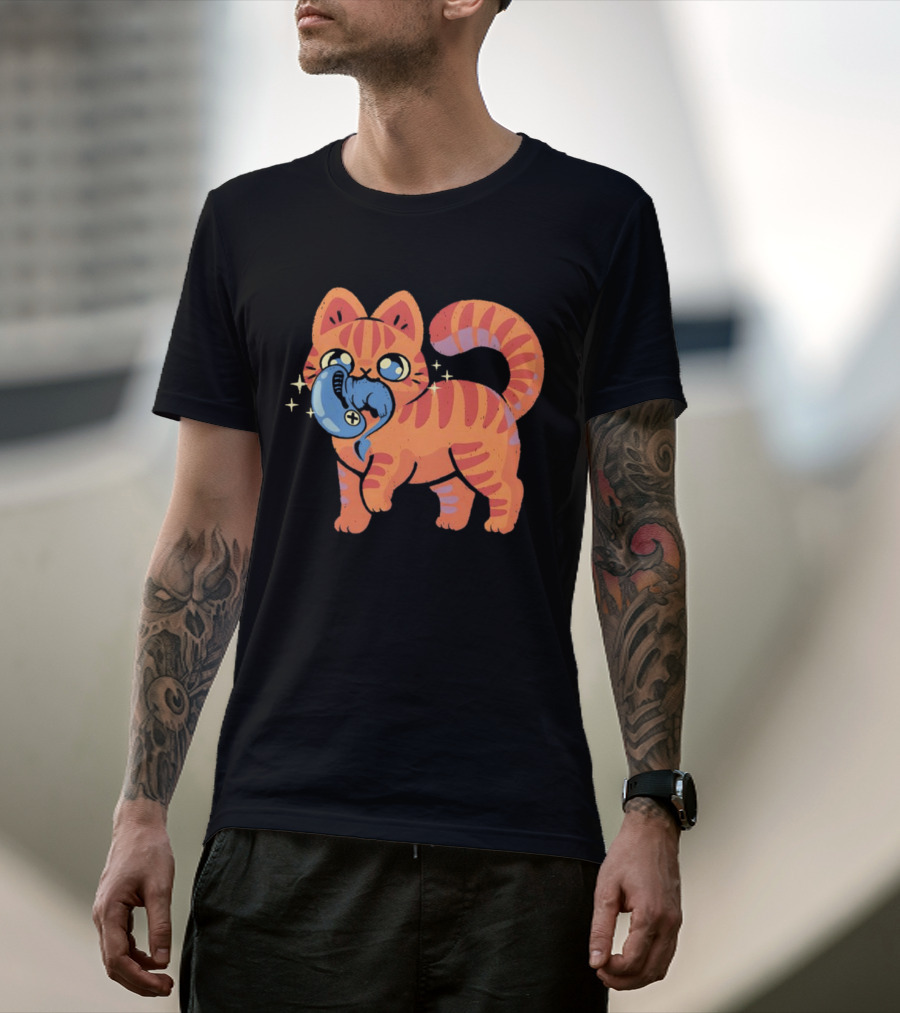 Orange Tabby Cat With Sparkles And Blue Alien Creature T-Shirt