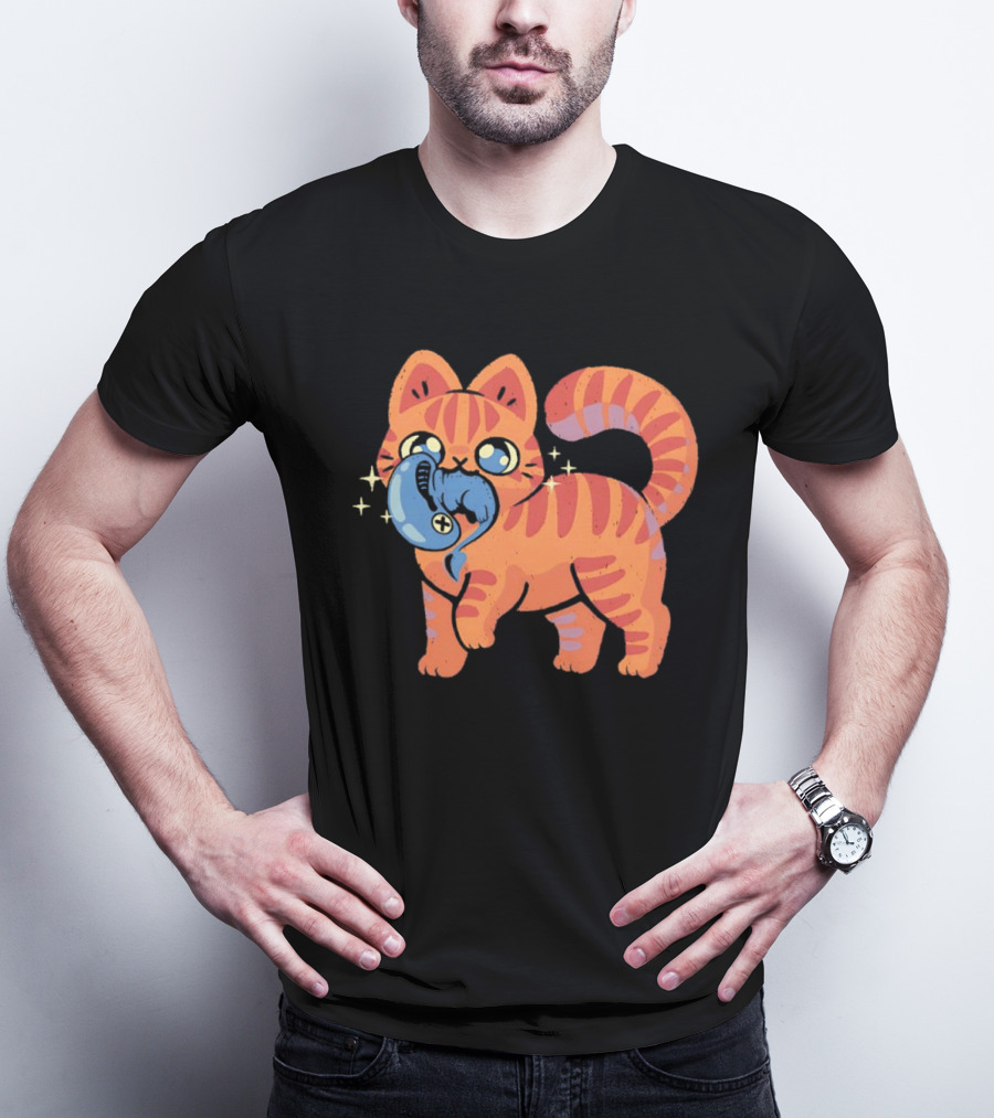Orange Tabby Cat With Sparkles And Blue Alien Creature T-Shirt