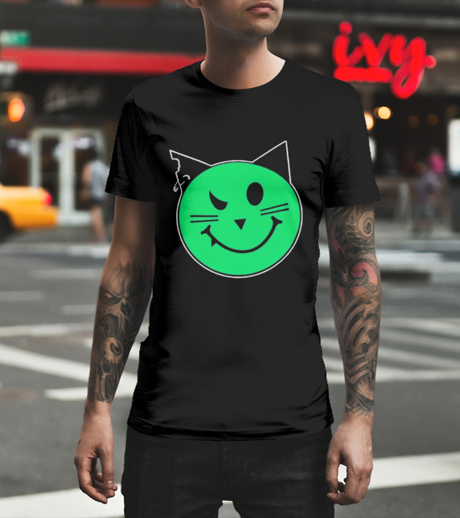 Taliesin Wearing MeowMeowz Smiling Cat Face With Green Circle Black Ears Whiskers T-Shirt