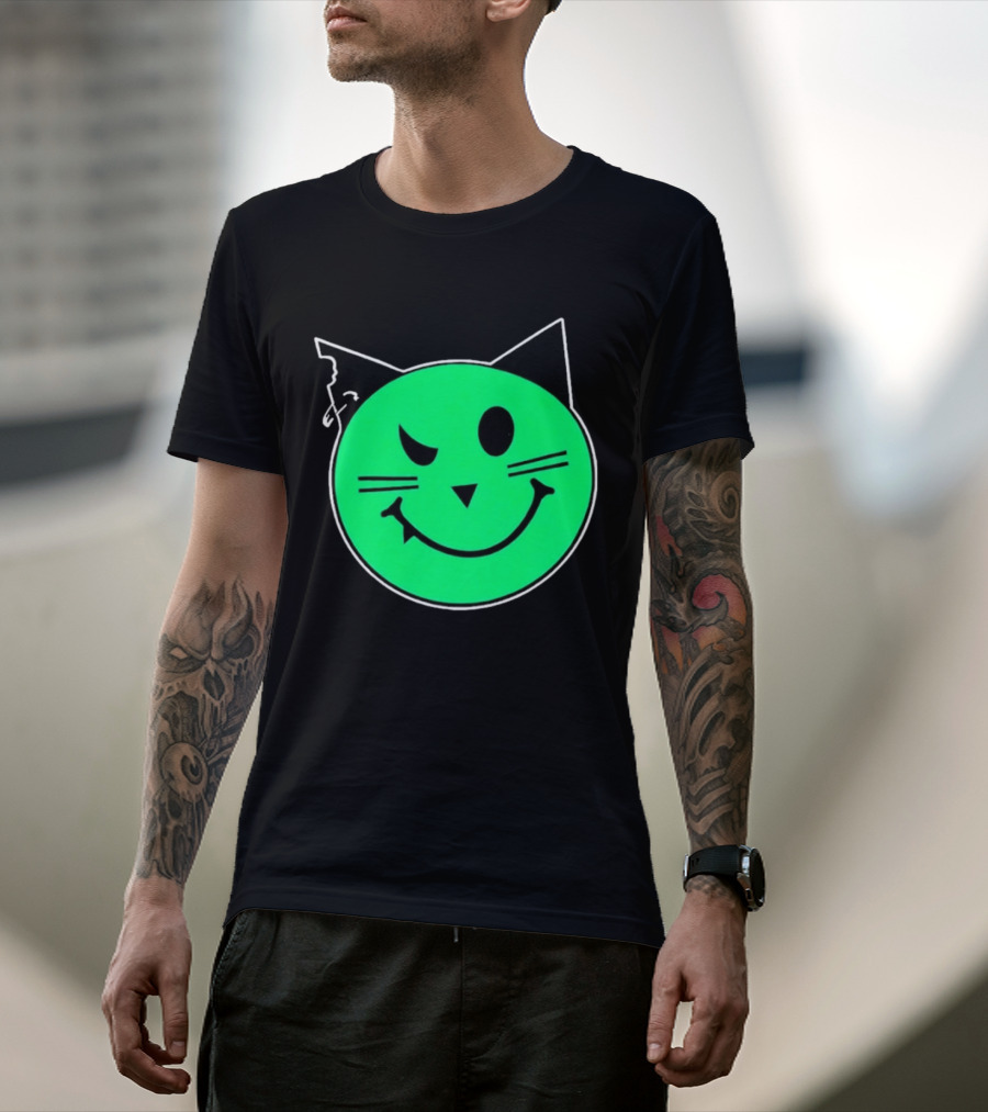 Taliesin Wearing MeowMeowz Smiling Cat Face With Green Circle Black Ears Whiskers T-Shirt