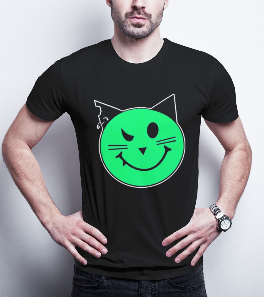 Taliesin Wearing MeowMeowz Smiling Cat Face With Green Circle Black Ears Whiskers T-Shirt