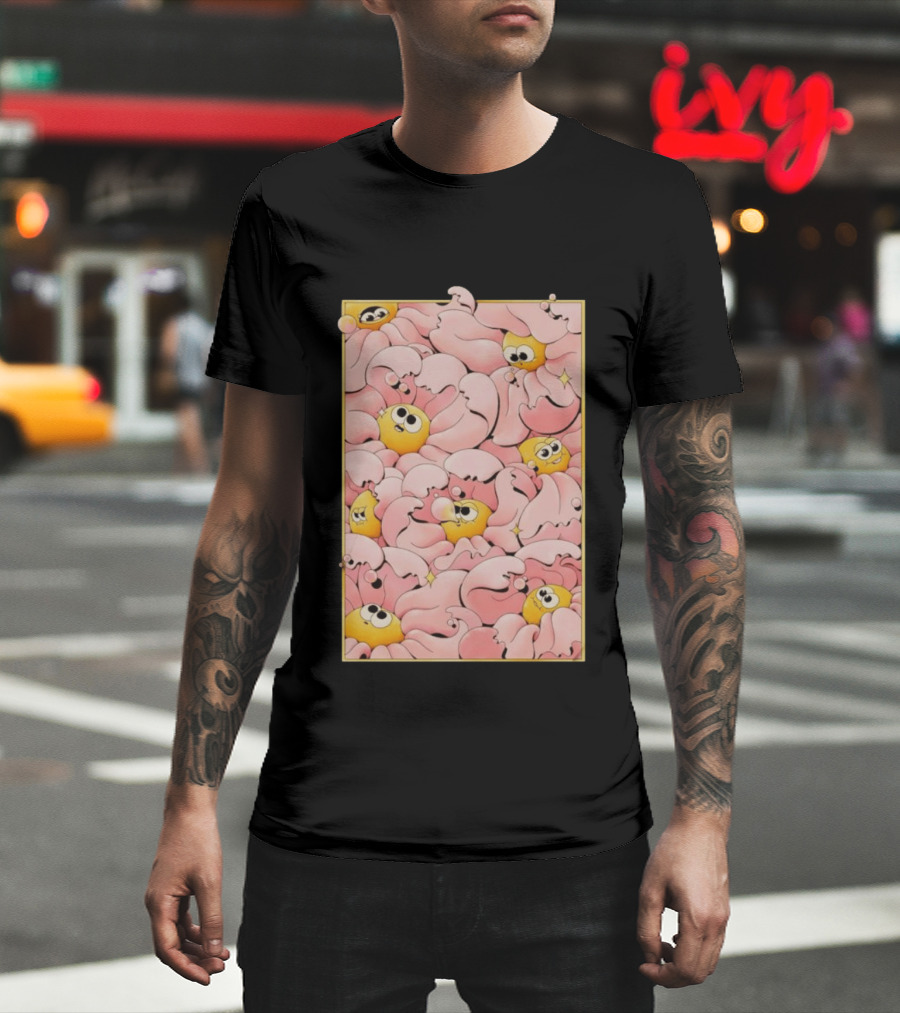 Many Yellow Round Characters With Large Eyes In Pink Flowing Cascades T-Shirt