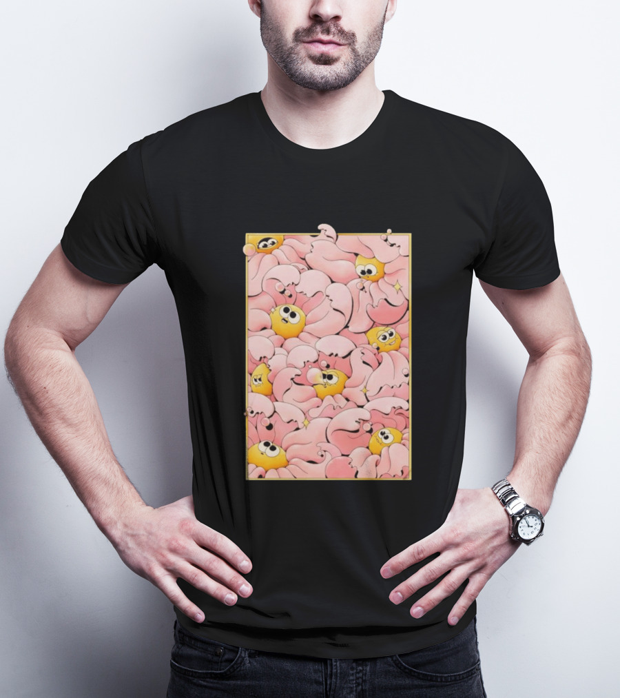 Many Yellow Round Characters With Large Eyes In Pink Flowing Cascades T-Shirt