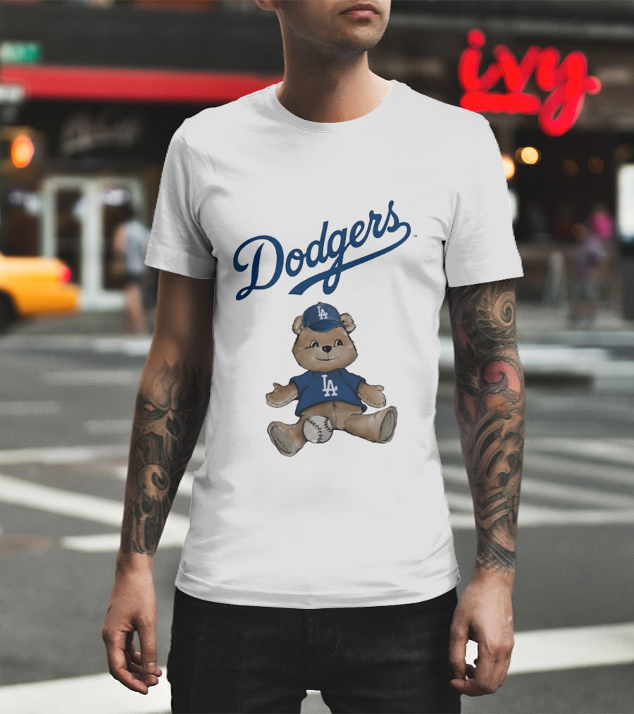 Los Angeles Dodgers Teddy Bear With Baseball And Dodgers LA Cap T-Shirt