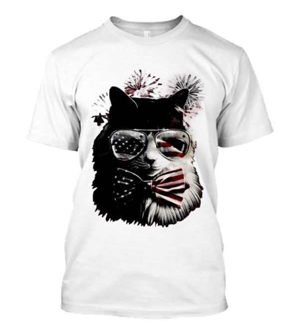 American Flag Cat Sunglasses And Bowtie Fireworks Independence Day T-Shirt
