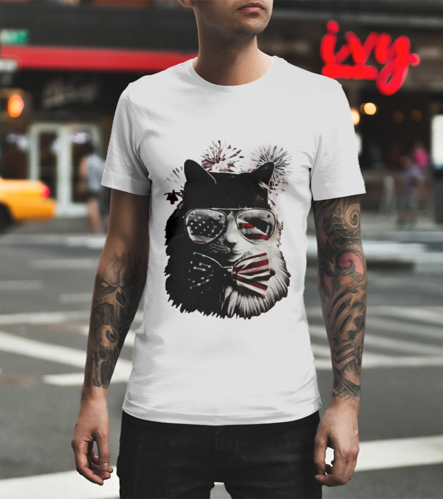 American Flag Cat Sunglasses And Bowtie Fireworks Independence Day T-Shirt