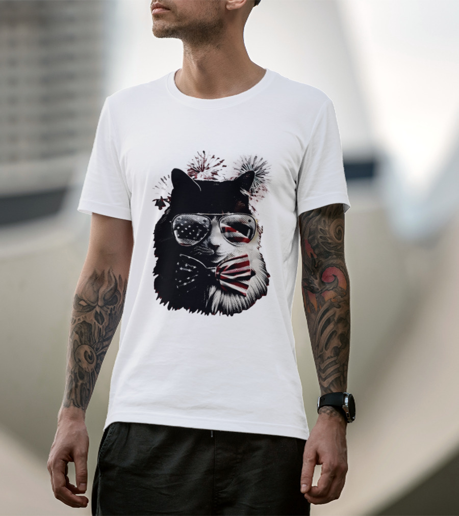 American Flag Cat Sunglasses And Bowtie Fireworks Independence Day T-Shirt