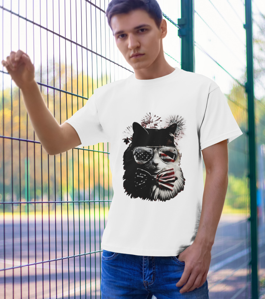 American Flag Cat Sunglasses And Bowtie Fireworks Independence Day T-Shirt