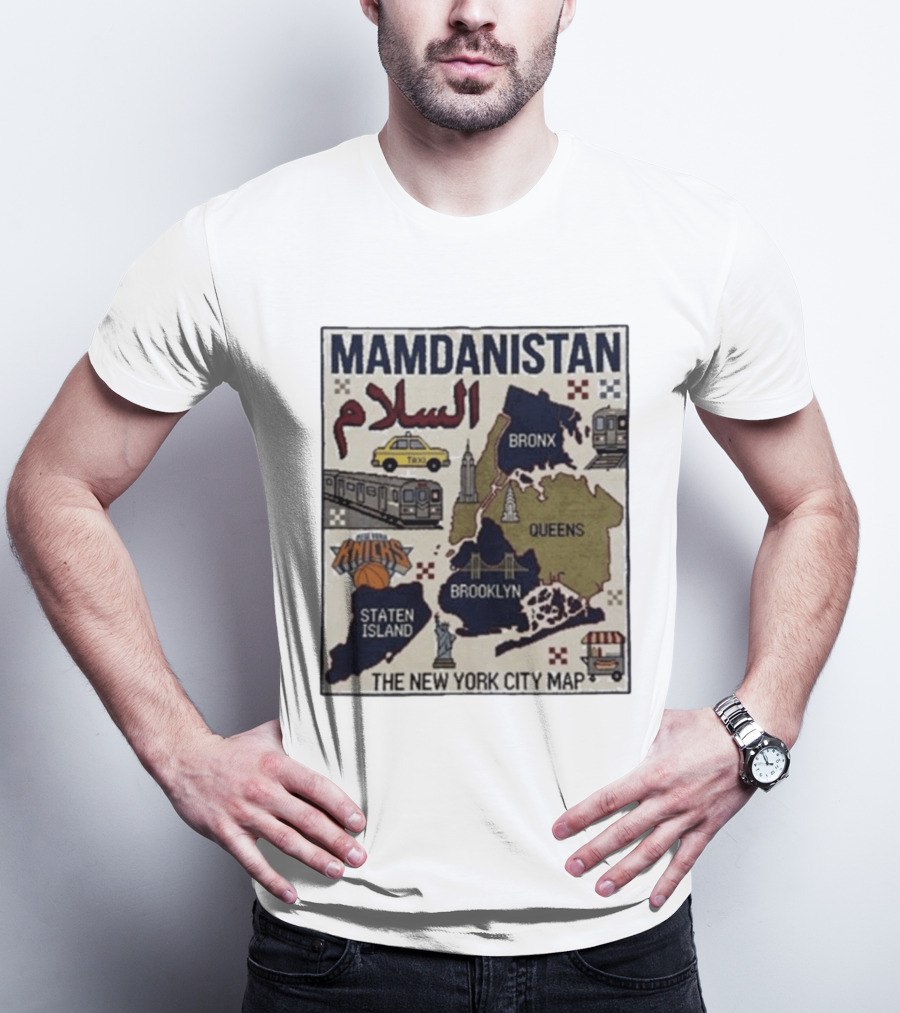 Mamdanistan Peace NYC Map Featuring Knicks Bronx Brooklyn Queens Staten Island Taxi Subway T-Shirt
