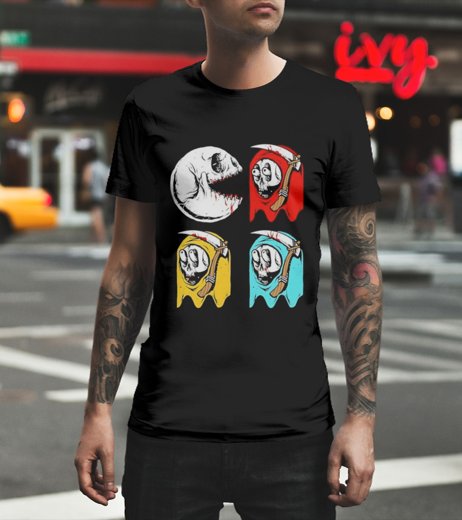 Pac Man Skeleton Skull Ghost Grim Reaper Red Yellow Blue T-Shirt