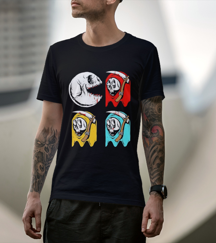 Pac Man Skeleton Skull Ghost Grim Reaper Red Yellow Blue T-Shirt