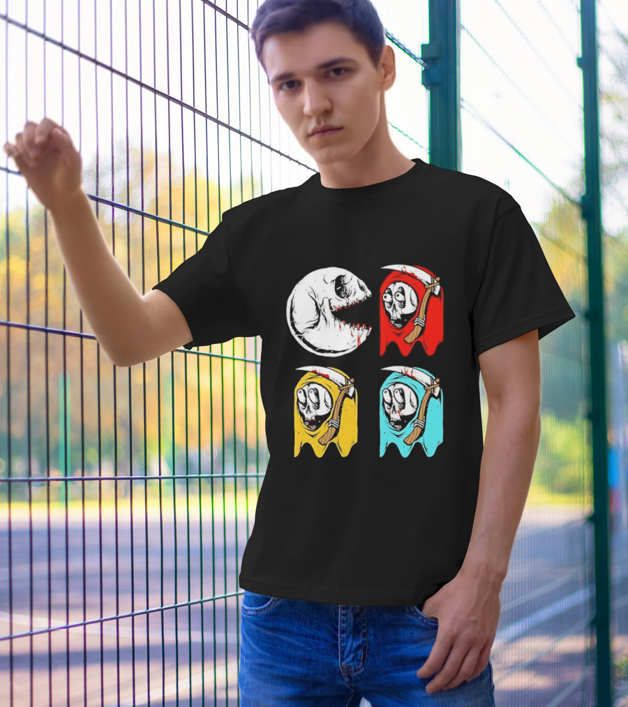 Pac Man Skeleton Skull Ghost Grim Reaper Red Yellow Blue T-Shirt