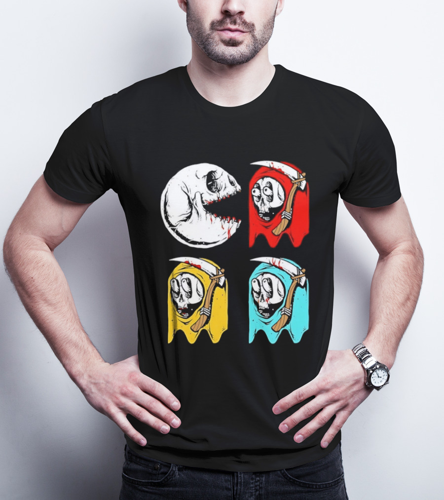 Pac Man Skeleton Skull Ghost Grim Reaper Red Yellow Blue T-Shirt