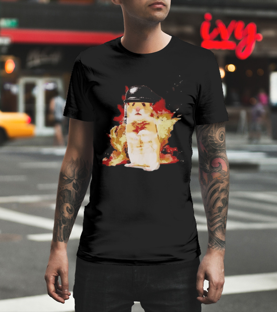 Shocked Hamster Military Helmet Watercolor Explosion T-Shirt