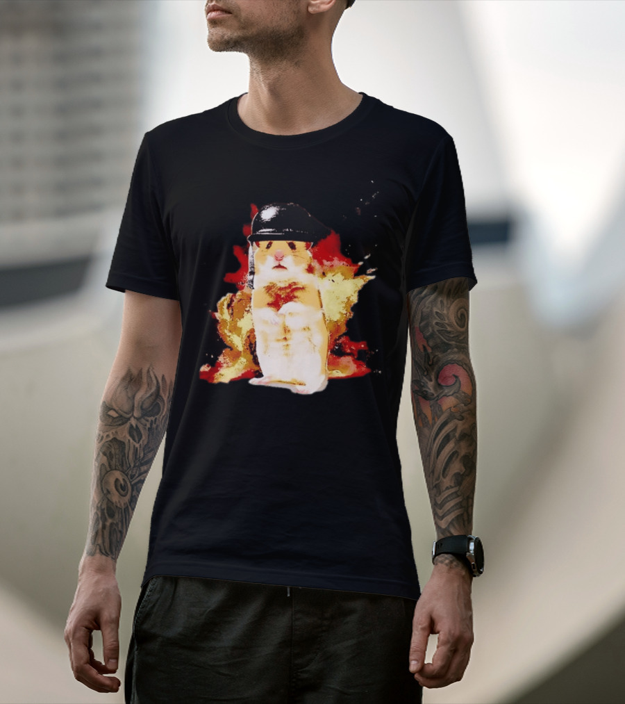 Shocked Hamster Military Helmet Watercolor Explosion T-Shirt