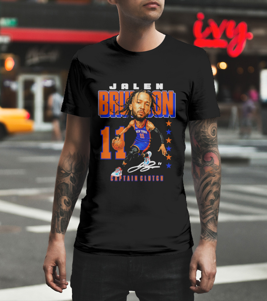 Jalen Brunson New York 11 Captain Clutch Caricature T-Shirt