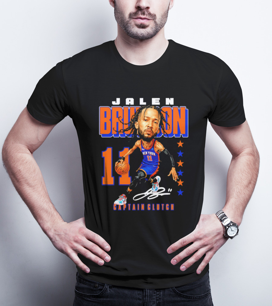Jalen Brunson New York 11 Captain Clutch Caricature T-Shirt