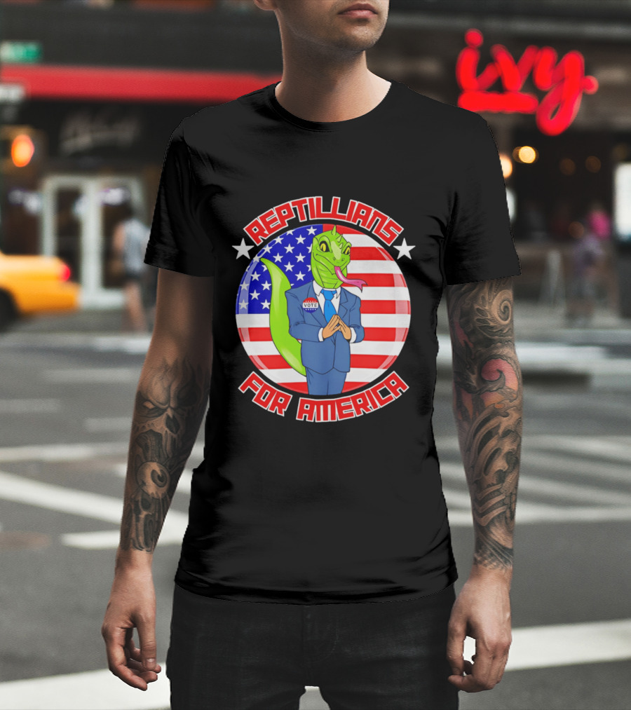 Reptillians For America Vote Lizard In Suit With American Flag T-Shirt