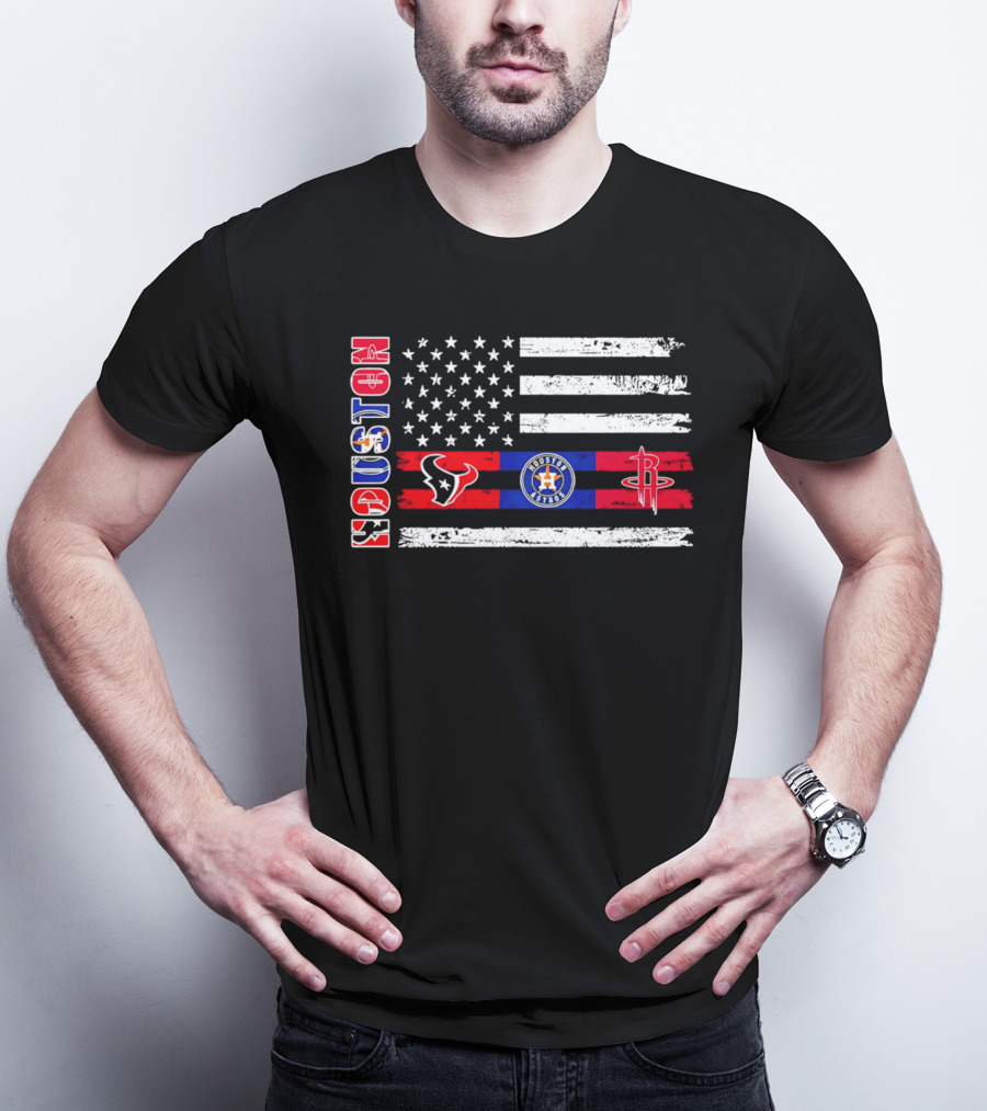 Houston Texans Astros Rockets American Flag T-Shirt
