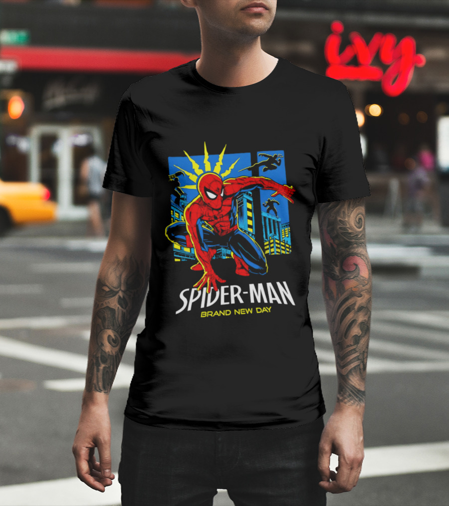 Spider Man Brand New Day Marvel Comics Dynamic Cityscape Action T-Shirt
