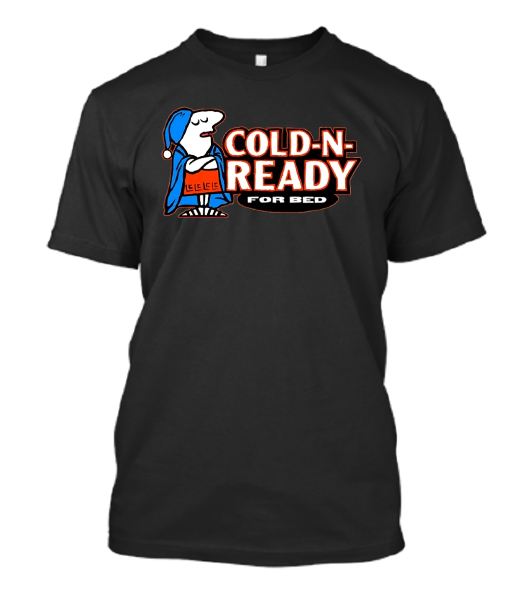 Cold N Ready For Bed Sleepy Cartoon Character In Blue Nightcap And Red Blanket T-Shirt