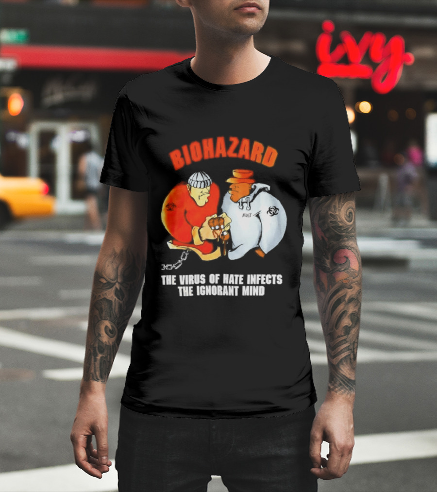 Biohazard The Virus Of Hate Infects The Ignorant Mind Orange And White Figures Confrontation T-Shirt
