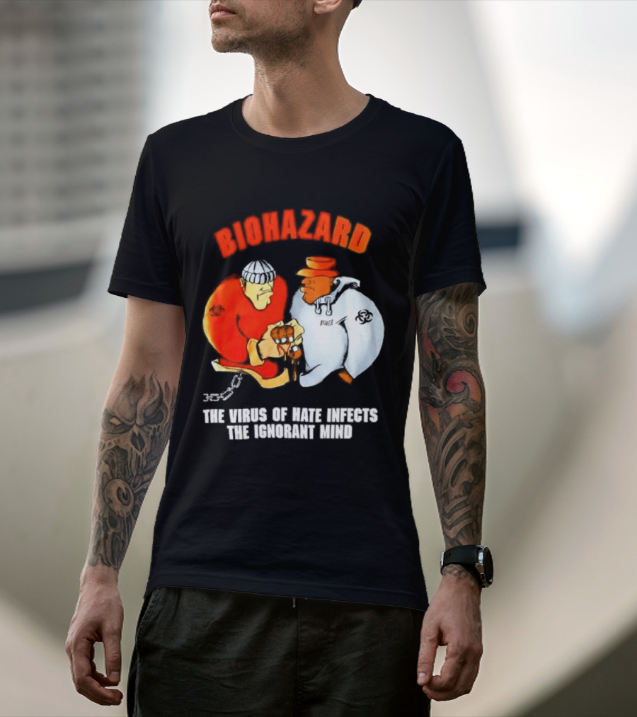 Biohazard The Virus Of Hate Infects The Ignorant Mind Orange And White Figures Confrontation T-Shirt
