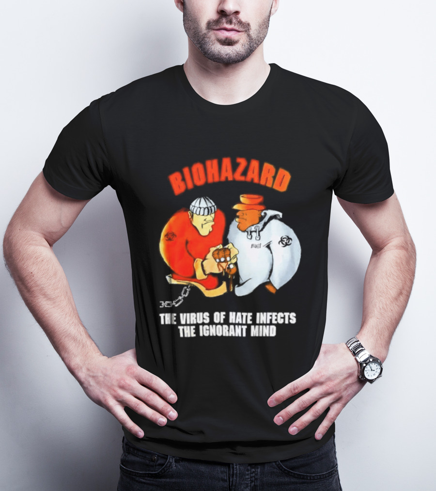 Biohazard The Virus Of Hate Infects The Ignorant Mind Orange And White Figures Confrontation T-Shirt