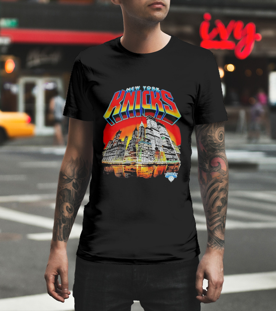New York Knicks Vibrant City Skyline Sunset Basketball T-Shirt