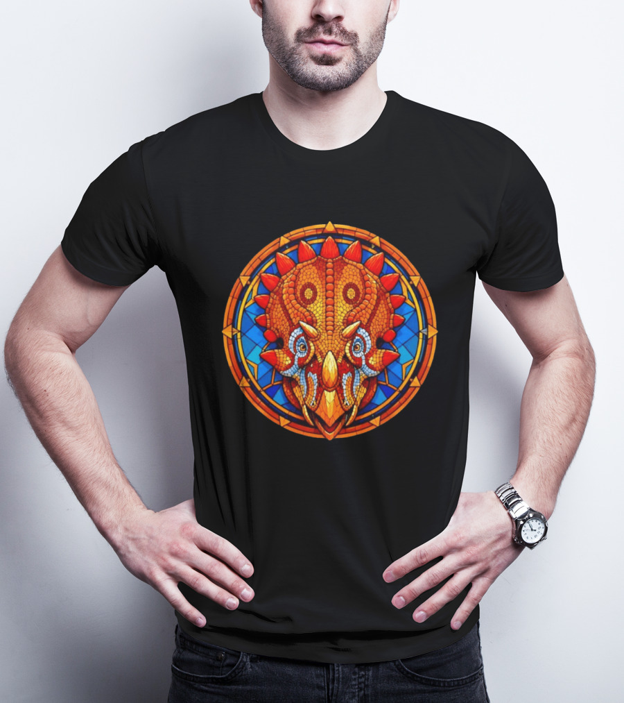 Triceratops Dinosaur Head Stained Glass Circle T-Shirt