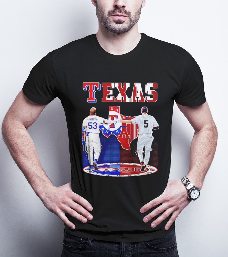 Texas Rangers Adolis Garcia And Texas A&M Aggies Hunter Schott Split Map T-Shirt