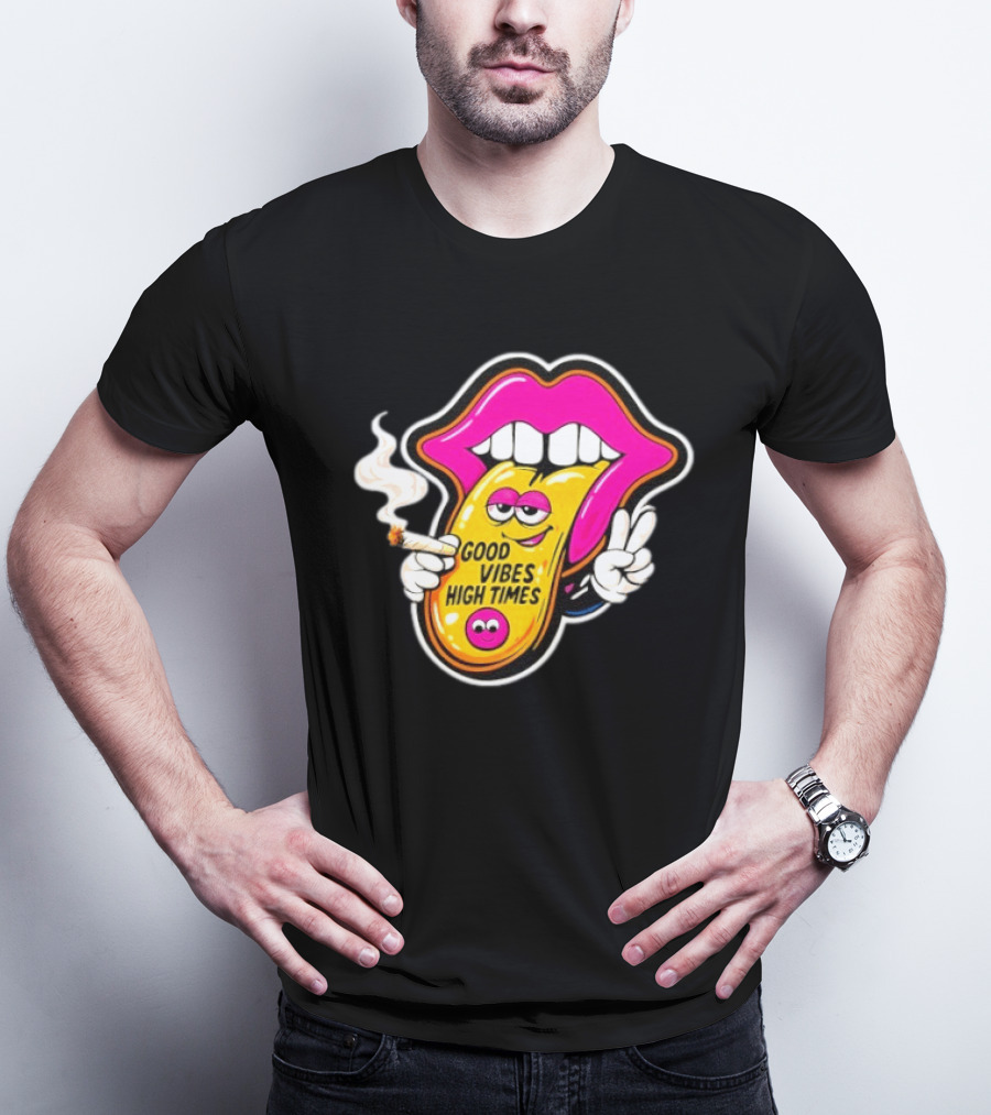 Good Vibes High Times Smoking Tongue And Peace Sign T-Shirt