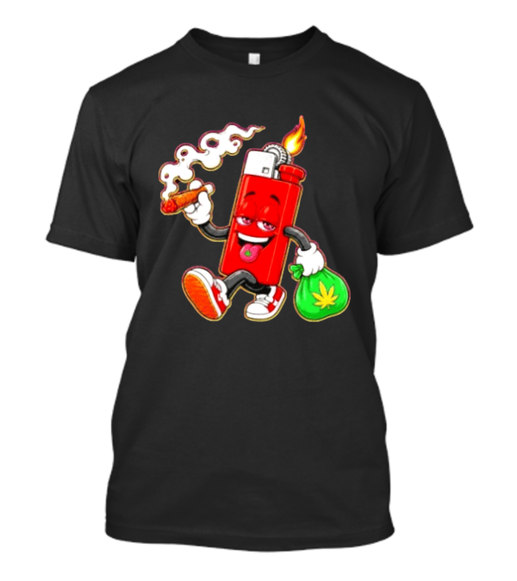 Flame Lighter And Smoking Joint With Cannabis Bag Cartoon T-Shirt
