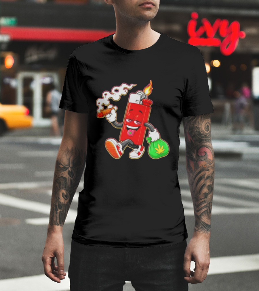 Flame Lighter And Smoking Joint With Cannabis Bag Cartoon T-Shirt