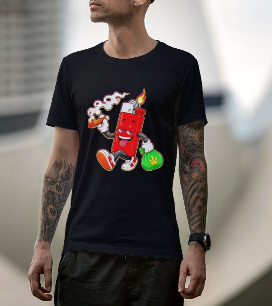 Flame Lighter And Smoking Joint With Cannabis Bag Cartoon T-Shirt