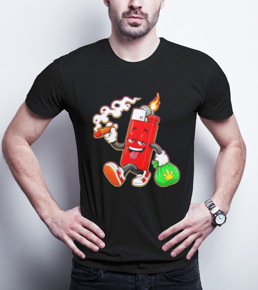 Flame Lighter And Smoking Joint With Cannabis Bag Cartoon T-Shirt
