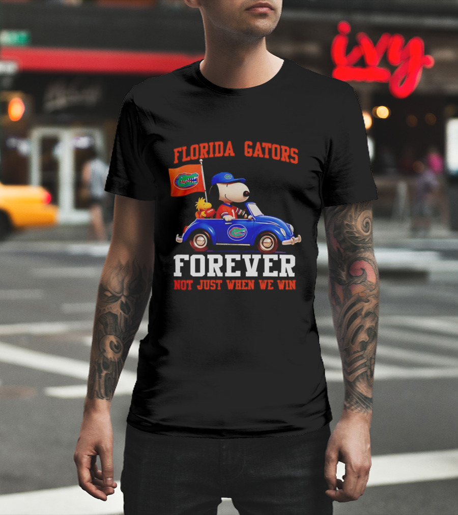Peanuts Snoopy Woodstock In Blue Car Florida Gators Forever Not Just When We Win T-Shirt