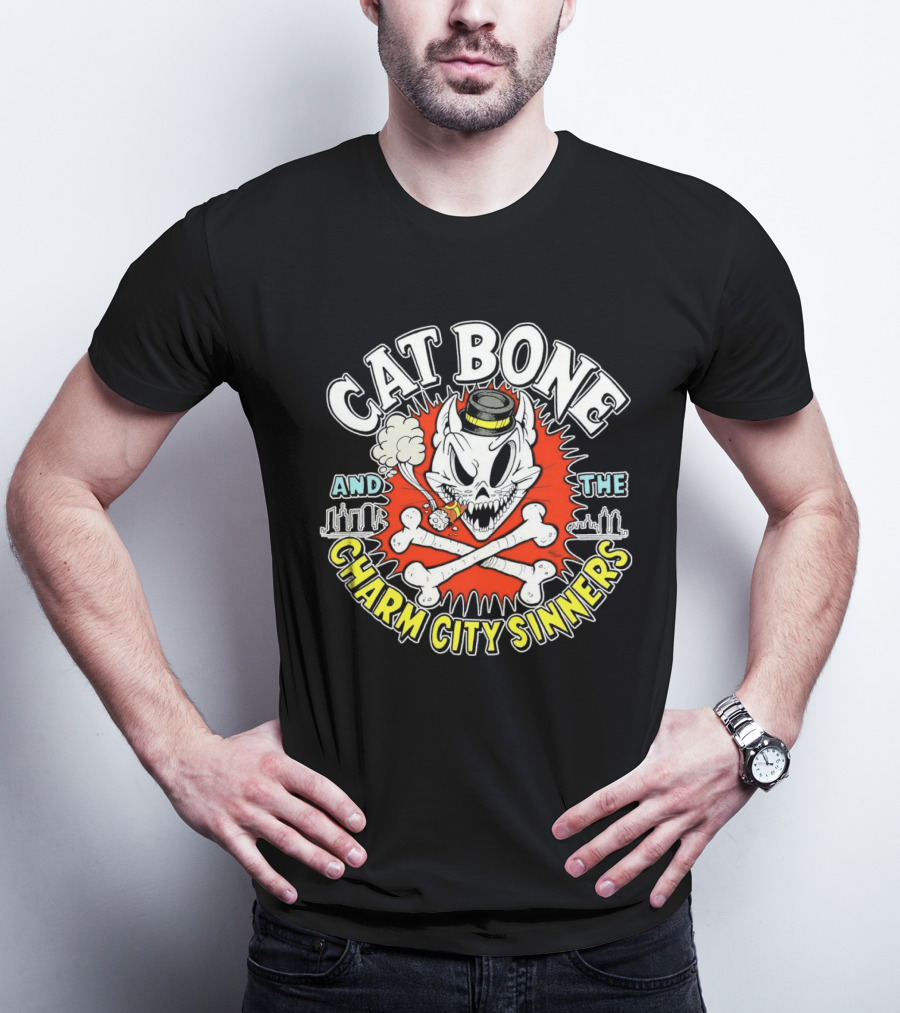 Cat Bone And The Charm City Sinners Smoking Skull And Crossbones Top Hat T-Shirt