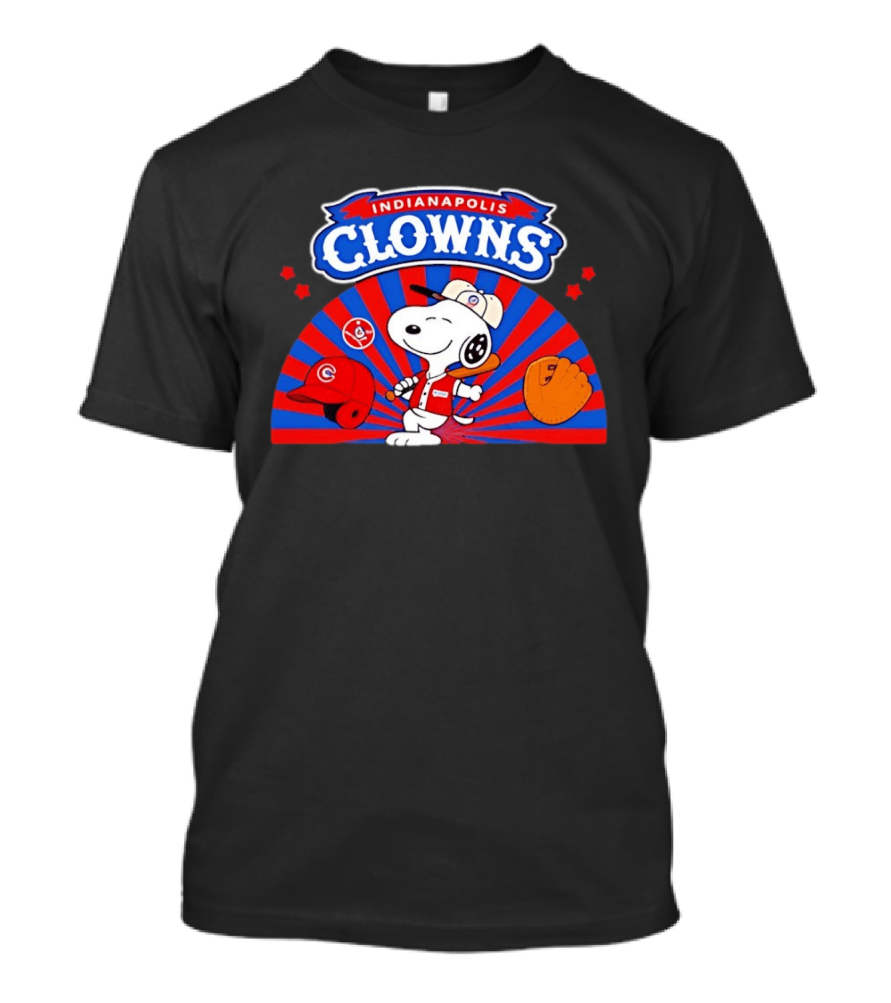 Snoopy Indianapolis Clowns Baseball Vintage Style Red Blue Peanuts Comic Strip Baseball Bat Glove Cap T-Shirt