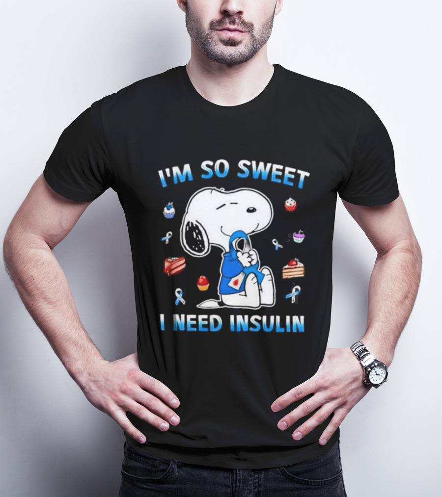 I'm So Sweet I Need Insulin Snoopy Peanuts Diabetes Awareness Blue Ribbon Cupcakes 2026 T-Shirt
