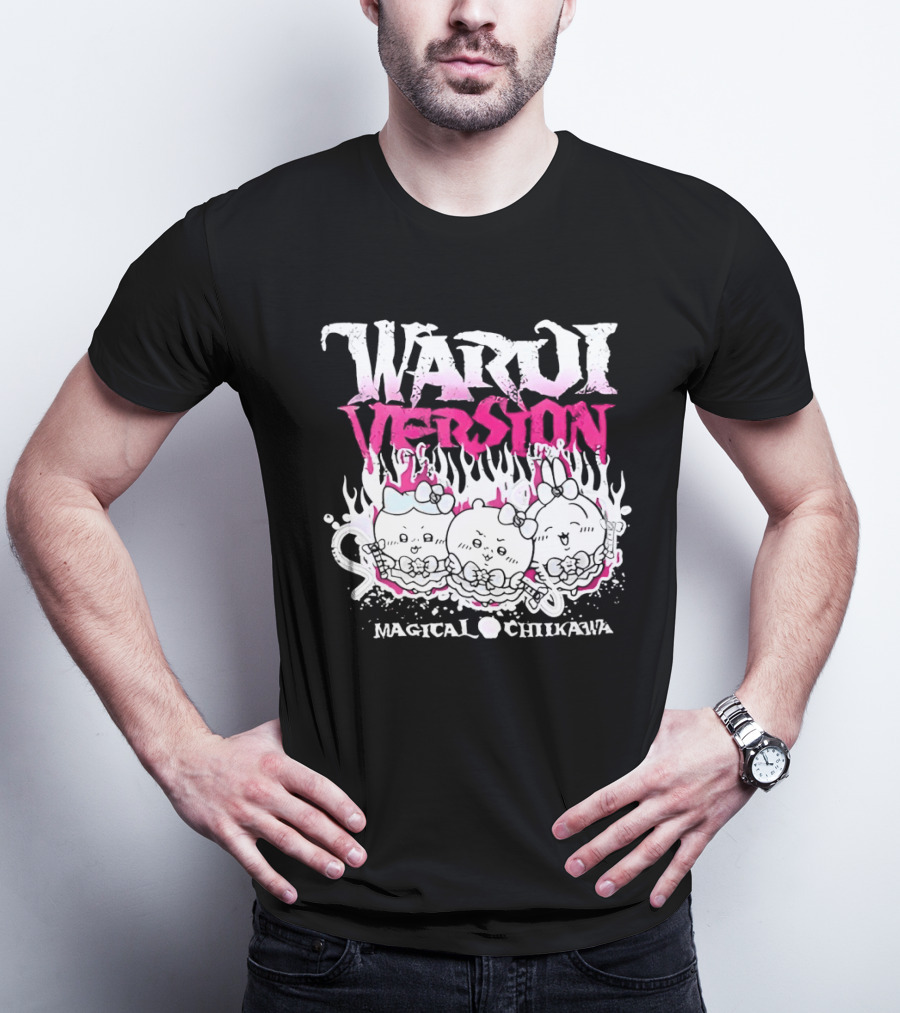 Warui Version Magical Chiikawa Characters In Fiery Pink And White T-Shirt