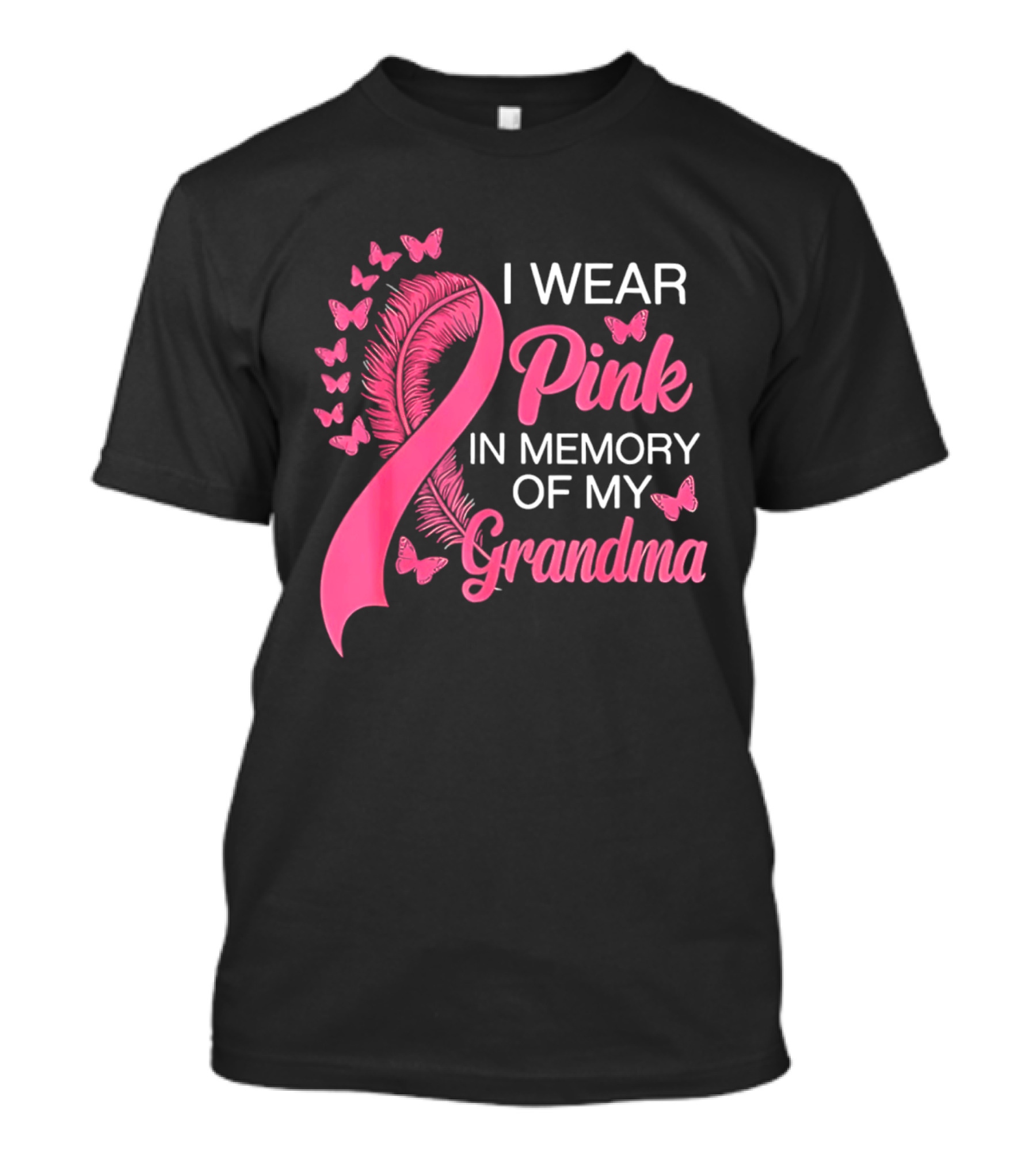 Breast Cancer Awareness I Wear Pink In Memory Of My Grandma Pink Ribbon With Butterflies T-Shirt