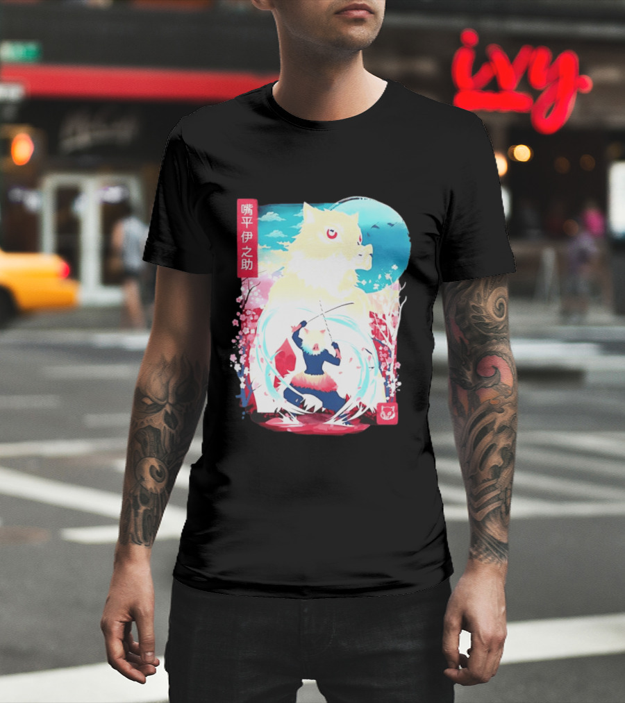 Inosuke Hashibira Boar Head Demon Slayer Anime Cherry Blossom Scene T-Shirt