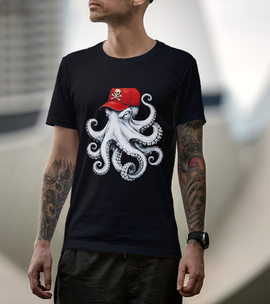 Octopus In Red Cap With Skull And Crossbones T-Shirt