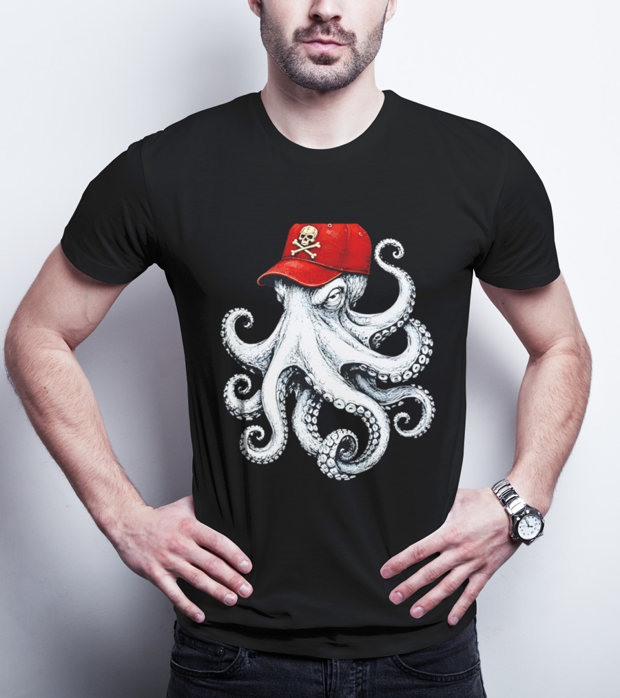 Octopus In Red Cap With Skull And Crossbones T-Shirt