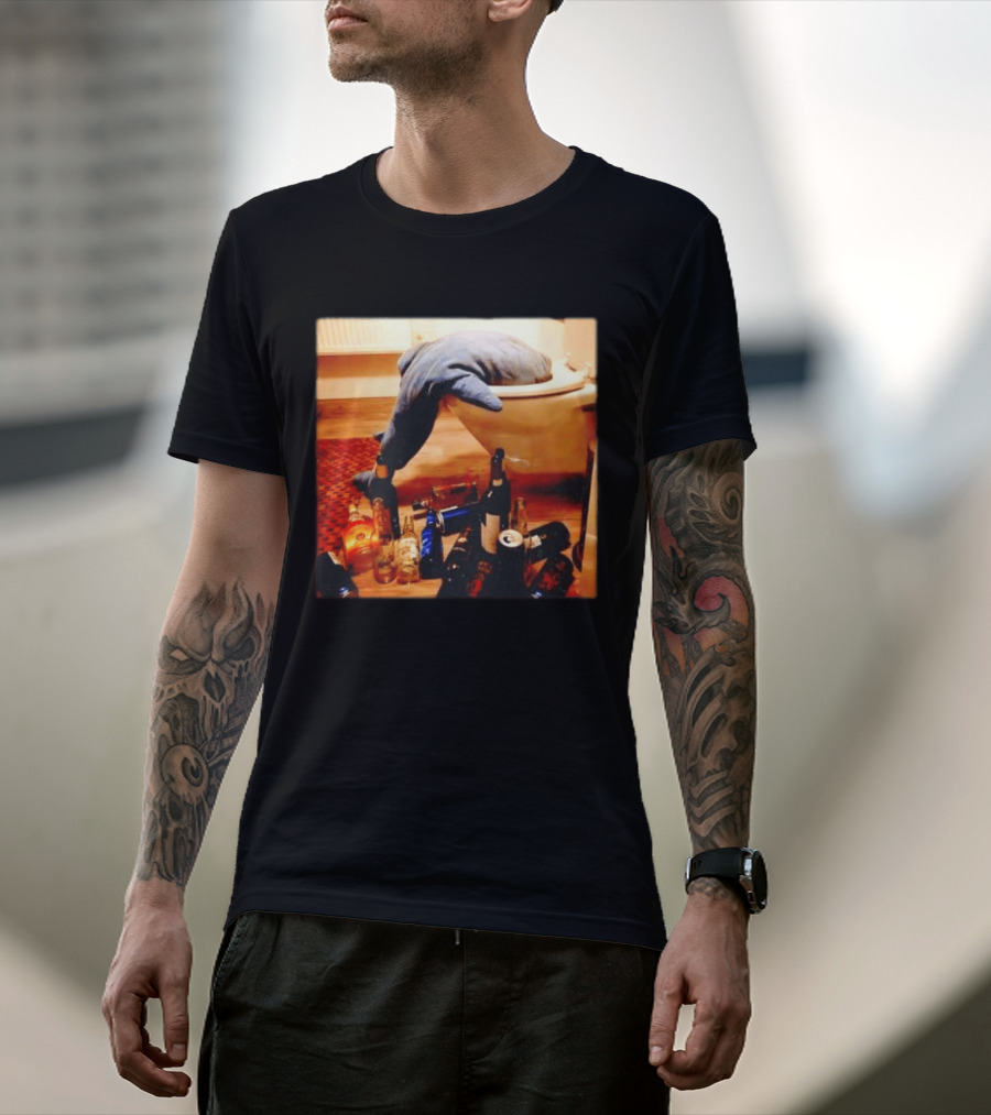 Shark Over Toilet With Alcohol Bottles Party Aftermath T-Shirt